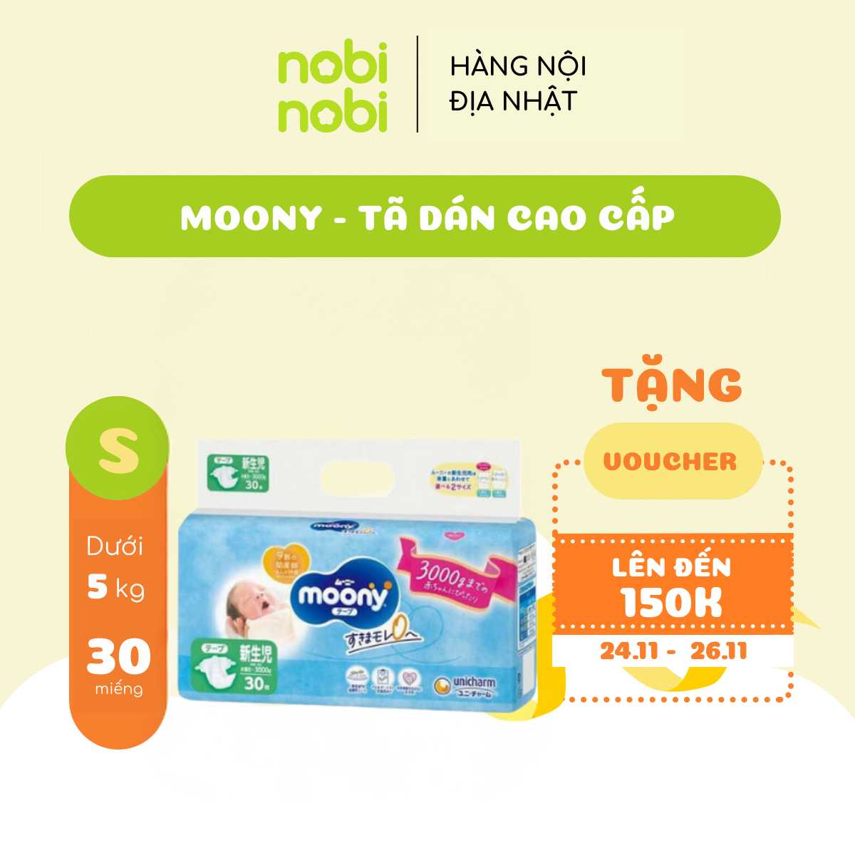 Tã/ Bỉm Moony Cao Cấp NewBorn 30 miếng (Hàng nội địa Nhật)